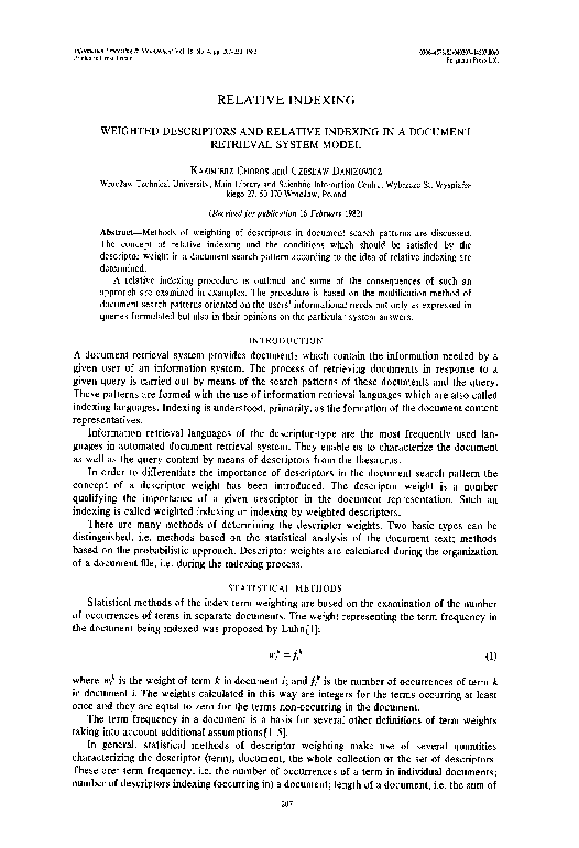 (PDF) Relative Indexing and Weighted Descriptors in Document Retrieval