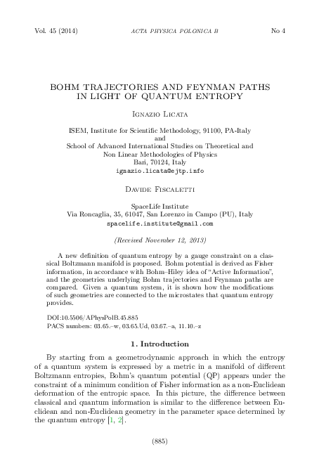 (PDF) Bohm Trajectories and Feynman Paths in Light of Quantum Entropy