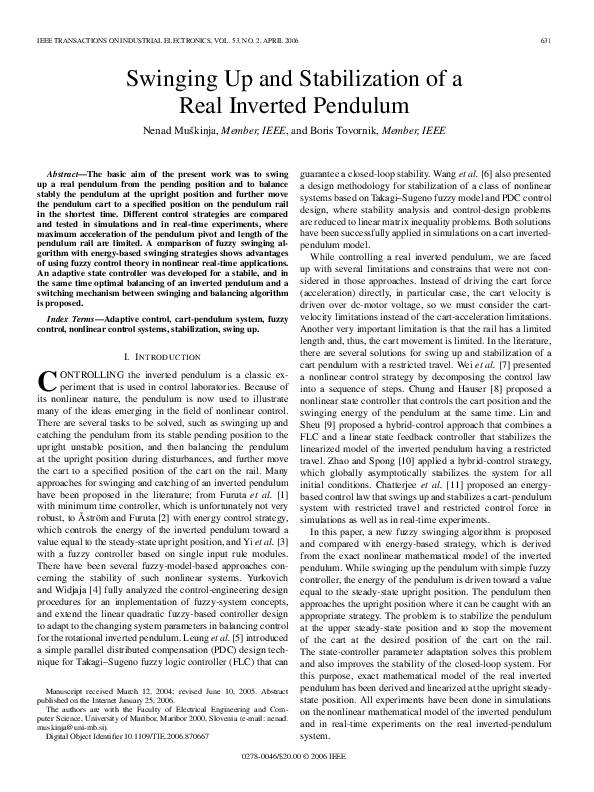 (PDF) Swinging up and stabilization of a real inverted pendulum