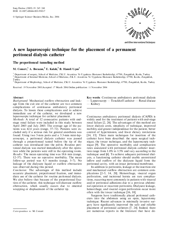 (PDF) A new laparoscopic technique for the placement of a permanent peritoneal dialysis catheter ...