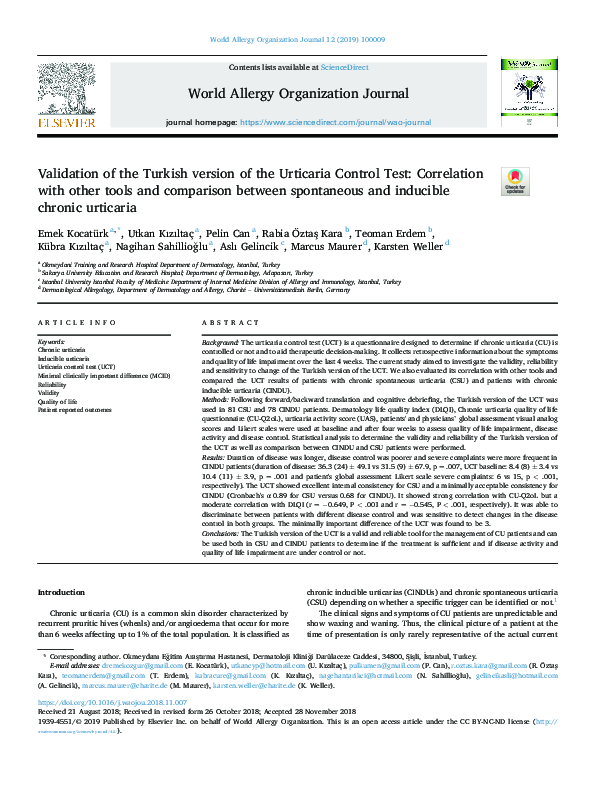 (PDF) Validation of the Turkish version of the Urticaria Control Test ...