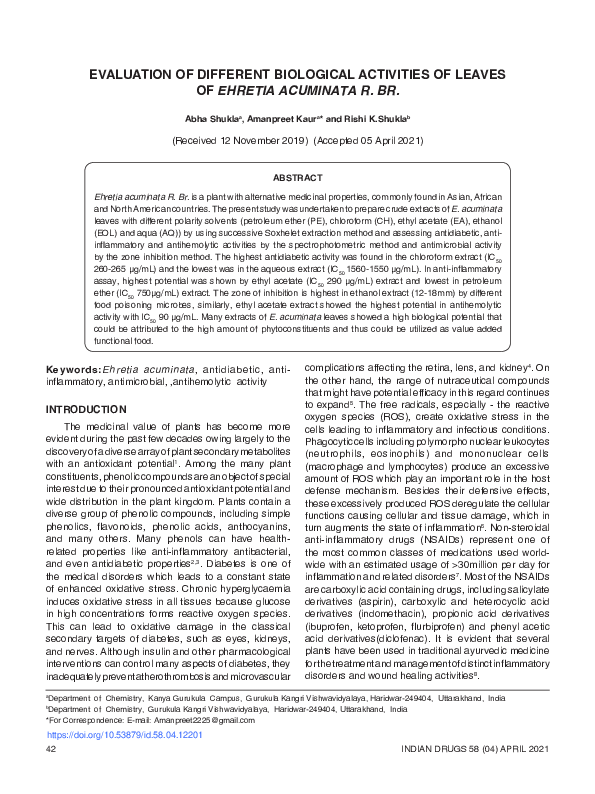 (PDF) Evaluation of Different Biological Activities of Leaves of ...