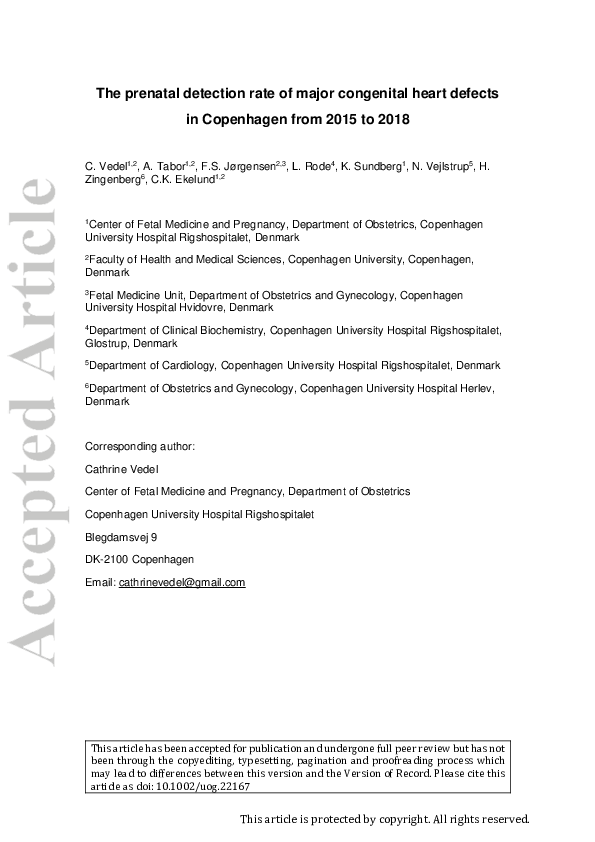 Pdf Prenatal Detection Rate Of Major Congenital Heart Defects In Copenhagen From 2015 To 2018