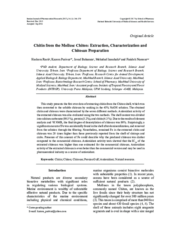 (PDF) Chitin from the Mollusc Chiton: Extraction, Characterization and Chitosan Preparation