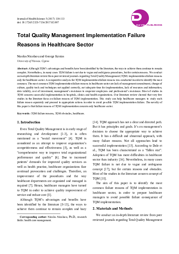(PDF) Total Quality Management Implementation Failure Reasons in ...