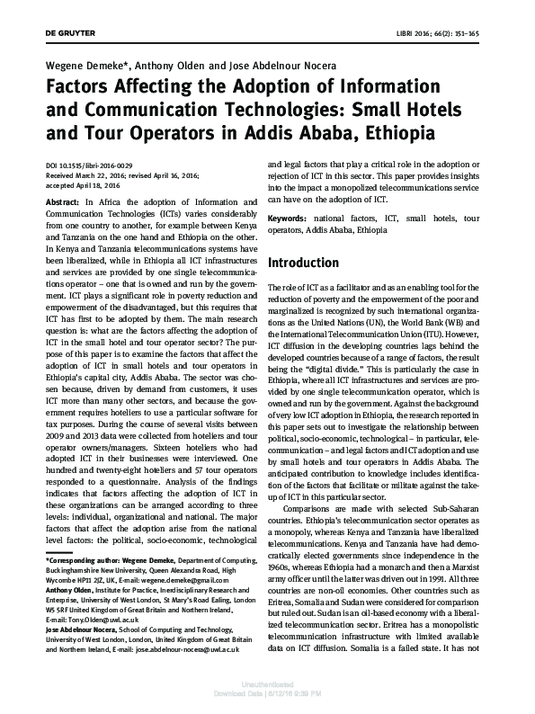 Pdf Factors Affecting The Adoption Of Information And Communication Technologies Icts For
