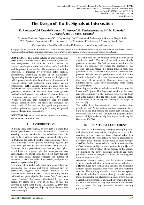(PDF) The Design of Traffic Signals at Intersection