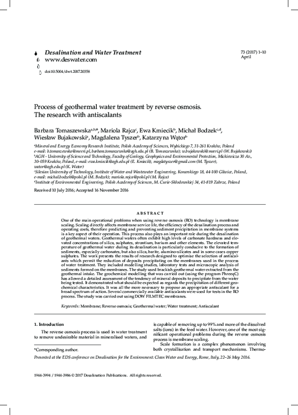 (PDF) Process of geothermal water treatment by reverse osmosis. The ...