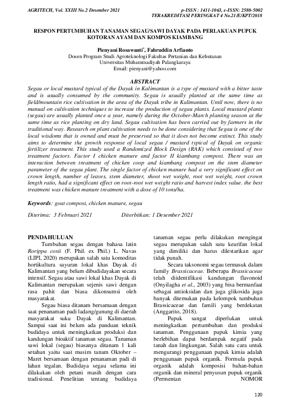 (PDF) Respon Pertumbuhan Tanaman Segau/Sawi Dayak Pada Perlakuan Pupuk Kotoran Ayam Dan Kompos ...