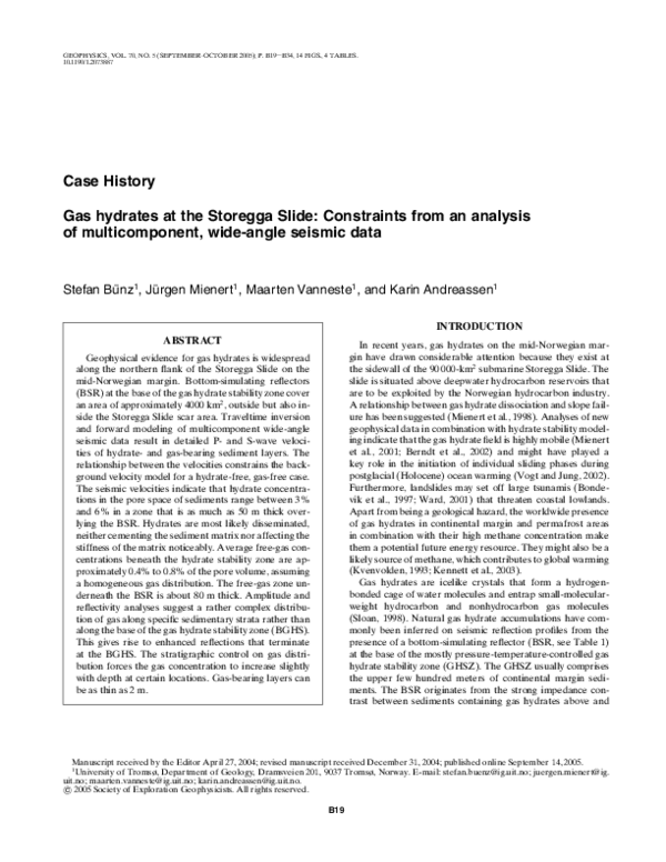 (PDF) Gas hydrates at the Storegga Slide: Constraints from an analysis ...