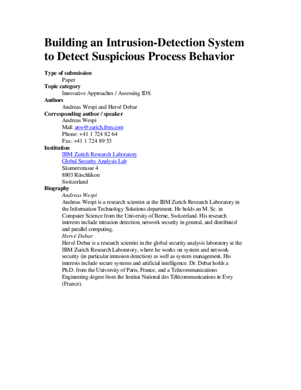 (PDF) Building an Intrusion-Detection System to Detect Suspicious Process Behavior