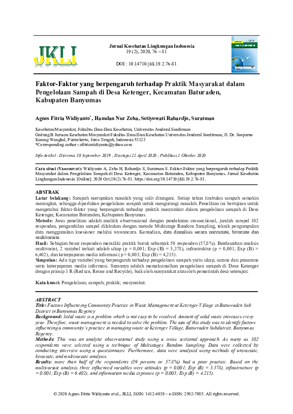 (PDF) Faktor-Faktor yang Berpengaruh terhadap Praktik Masyarakat dalam Pengelolaan Sampah di ...