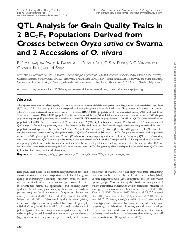 (PDF) QTL Analysis for Grain Quality Traits in 2 BC2F2 Populations ...
