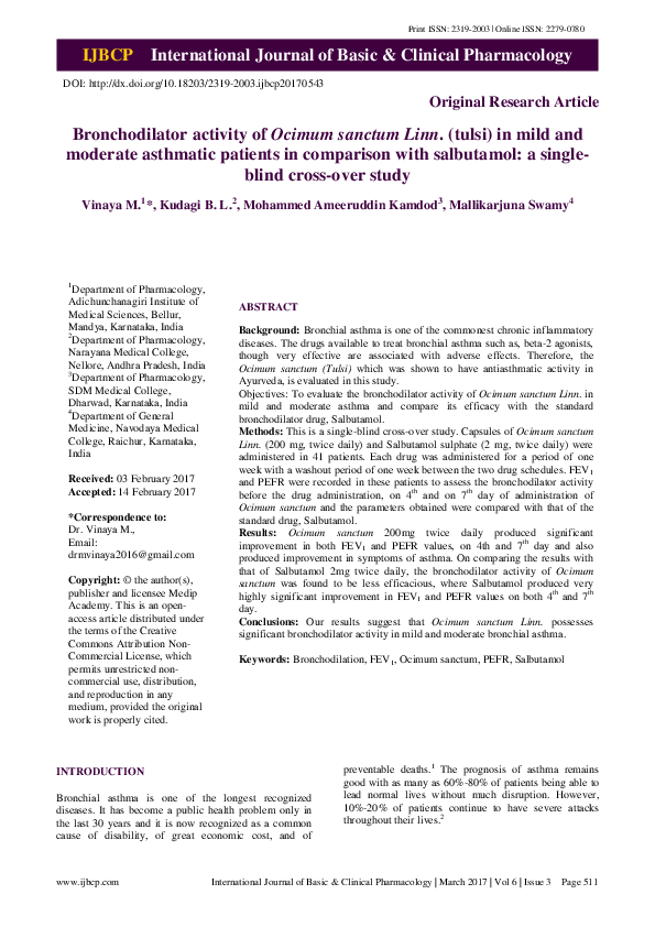 (PDF) Bronchodilator activity of Ocimum sanctum Linn. (tulsi) in mild ...
