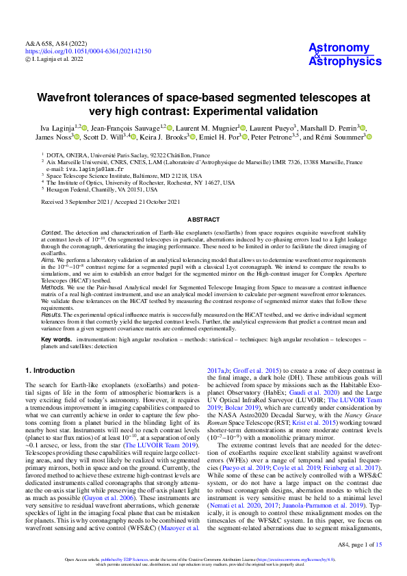 (PDF) Wavefront tolerances of space-based segmented telescopes at very high contrast ...