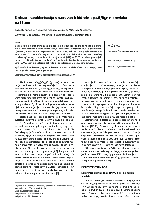 (PDF) Sinteza i karakterizacija sinterovanih hidroksiapatit/lignin prevlaka na titanu