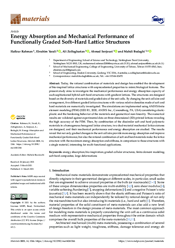 (PDF) Energy Absorption and Mechanical Performance of Functionally Graded Soft–Hard Lattice ...