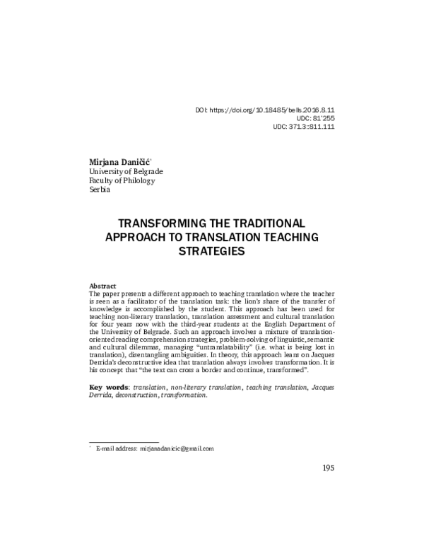 (PDF) Transforming the Traditional Approach to Translation Teaching ...