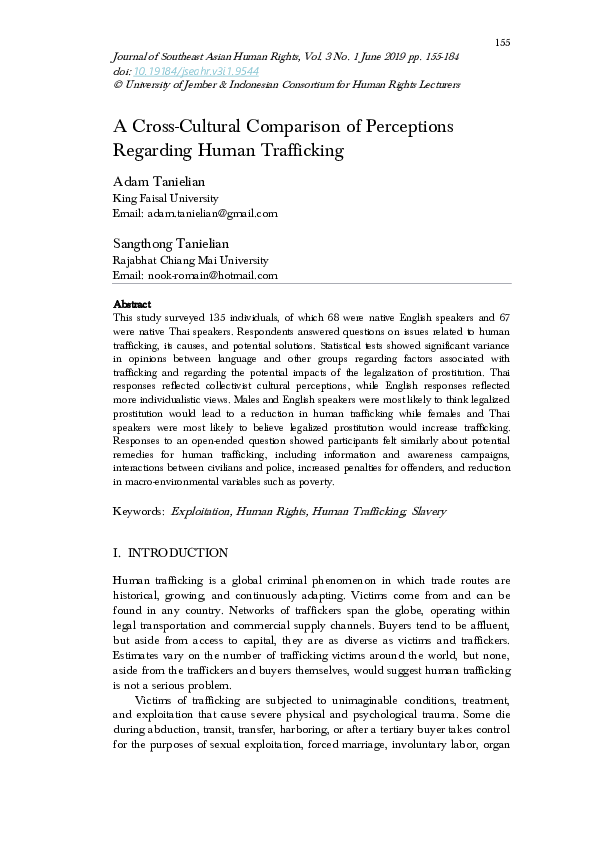 Pdf A Cross Cultural Comparison Of Perceptions Regarding Human Trafficking