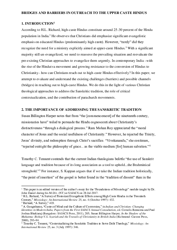 (PDF) BRIDGES AND BARRIERS IN OUTREACH TO THE UPPER CASTE HINDUS