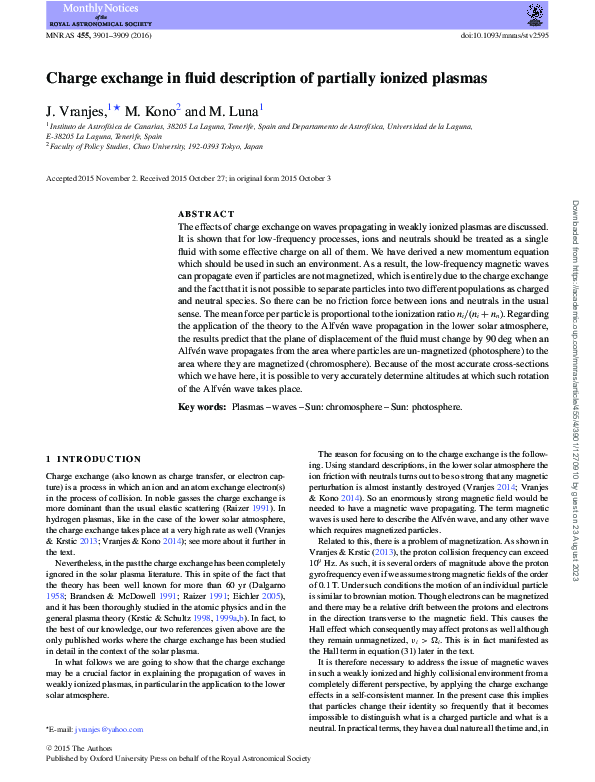 (PDF) Charge exchange in fluid description of partially ionized plasmas