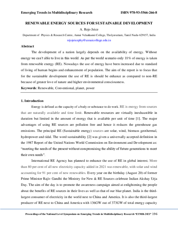 (PDF) RENEWABLE ENERGY SOURCES FOR SUSTAINABLE DEVELOPMENT