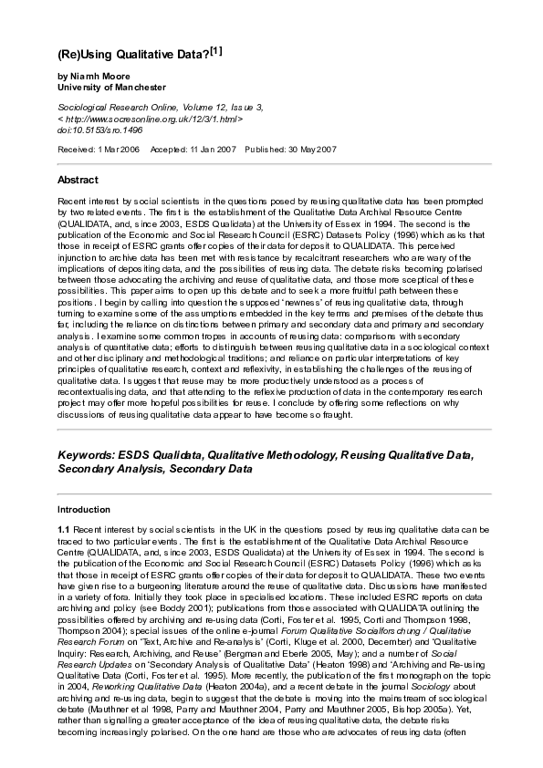 (PDF) (Re)Using Qualitative Data? | Niamh Moore - Academia.edu