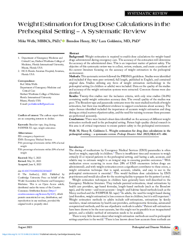 (PDF) Weight Estimation for Drug Dose Calculations in the Prehospital Setting – A Systematic Review