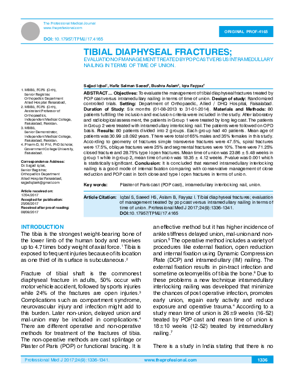 (PDF) Tibial Diaphyseal Fractures; Evaluation of Management Treated by Pop Cast Versus ...