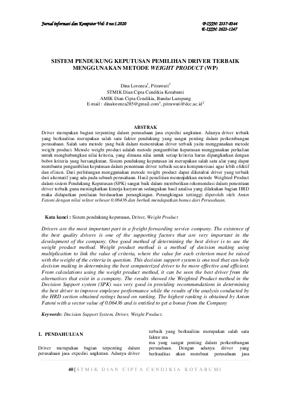 (PDF) Sistem Pendukung Keputusan Pemilihan Driver Terbaik Menggunakan Metode Weight Product (WP)