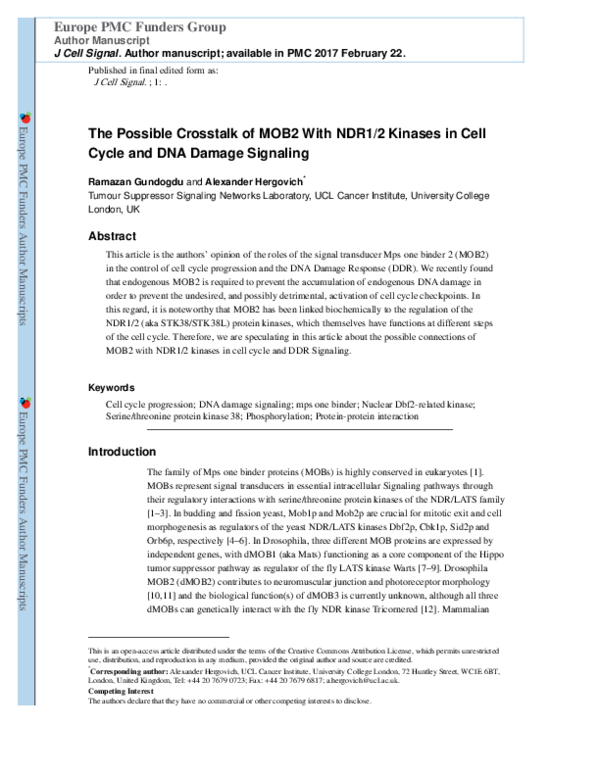 (PDF) The Possible Crosstalk of MOB2 With NDR1/2 Kinases in Cell Cycle and DNA Damage Signaling