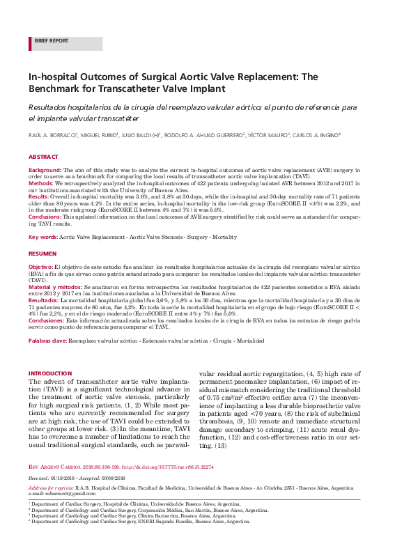 (PDF) In-hospital Outcomes of Surgical Aortic Valve Replacement: the Benchmark for Transcatheter ...