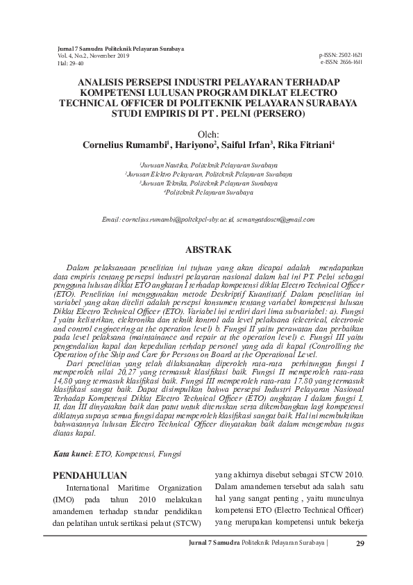 (PDF) Analisis Persepsi Industri Pelayaran Terhadap Kompetensi Lulusan Program Diklat Electro ...