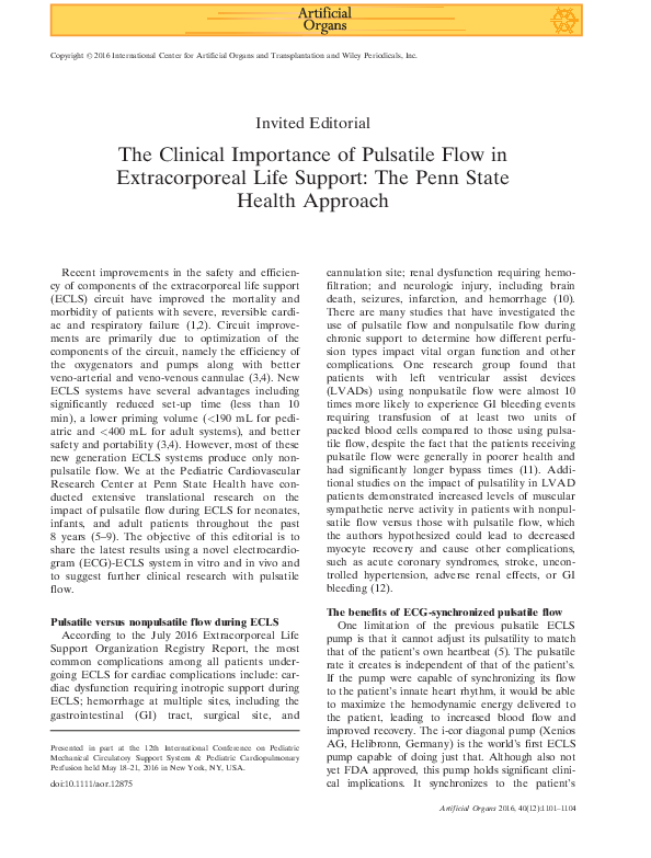 The Clinical Importance Of Pulsatile Flow In Extracorporeal Life Support The Penn State Health