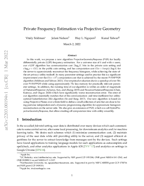 (PDF) Private Frequency Estimation via Projective Geometry