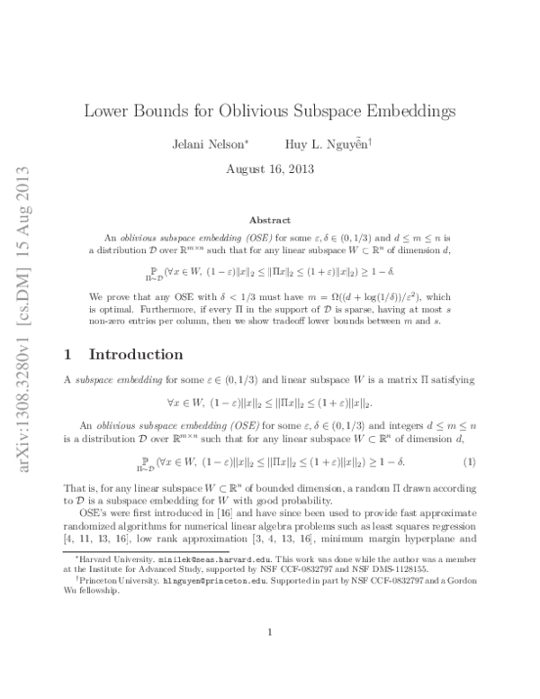 (PDF) Lower Bounds for Oblivious Subspace Embeddings