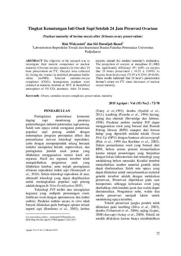 (PDF) Tingkat Kematangan Inti Oosit Sapi Setelah 24 Jam Presevasi Ovarium
