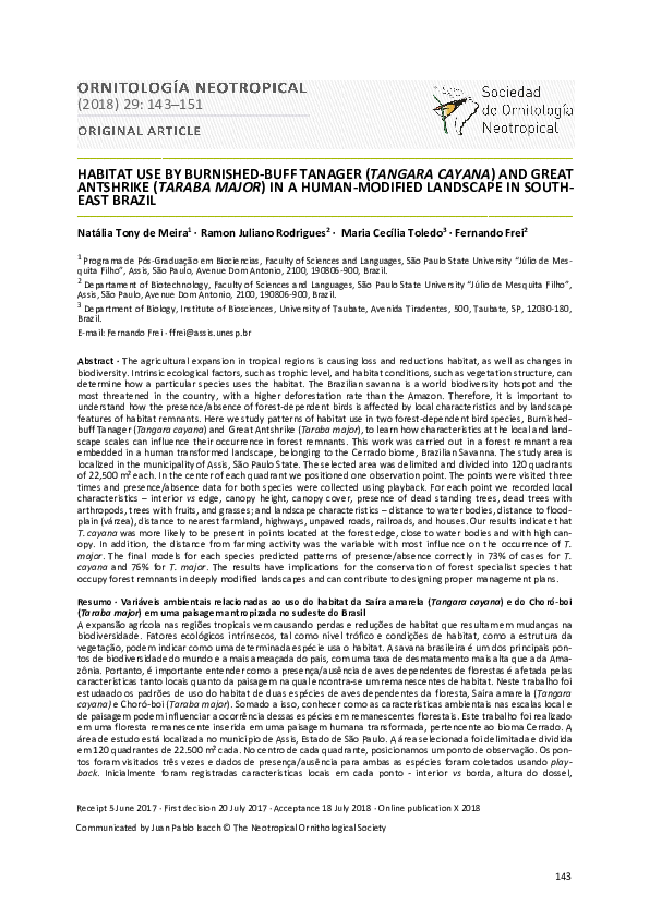 (PDF) Habitat Use by Burnished-Buff Tanager (Tangara Cayana) and Great ...