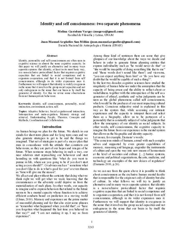 (PDF) Identity and self consciousness: two separate phenomena