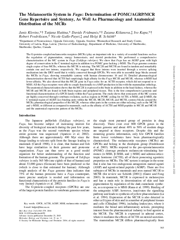 (PDF) The Melanocortin System in Fugu: Determination of POMC/AGRP/MCR ...