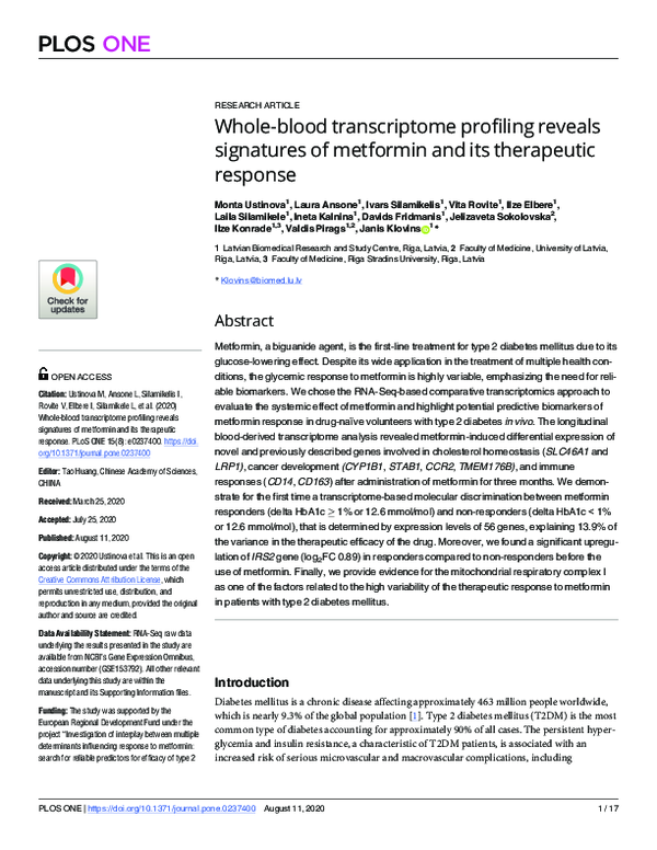 (PDF) Whole-blood transcriptome profiling reveals signatures of metformin and its therapeutic ...