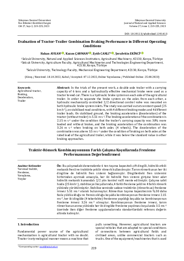 (PDF) Evaluation of Tractor-Trailer Combination Braking Performance in ...