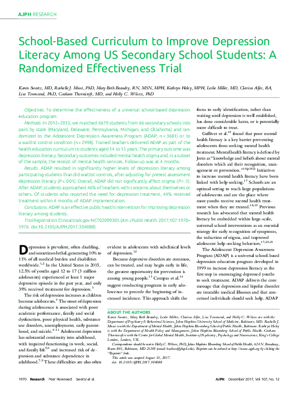 (PDF) School-Based Curriculum to Improve Depression Literacy Among US ...