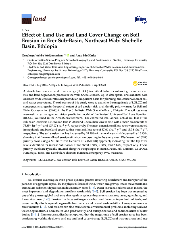 (PDF) Effect of land use land cover change on soil erosion potential in an agricultural watershed