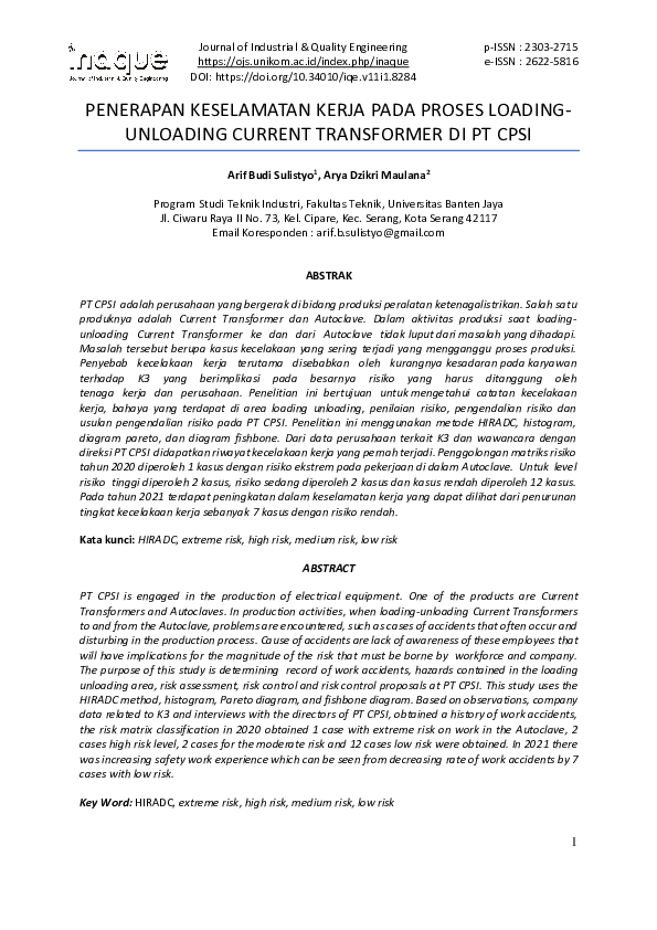 (PDF) Penerapan Keselamatan Kerja Pada Proses Loading-Unloading Current Transformer DI PT Cpsi