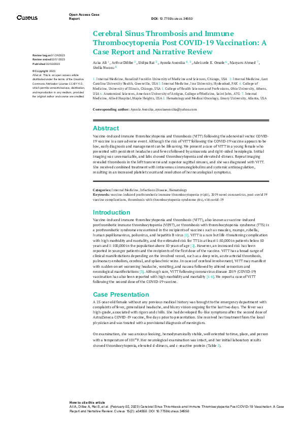(PDF) Cerebral Sinus Thrombosis and Immune Thrombocytopenia Post COVID ...