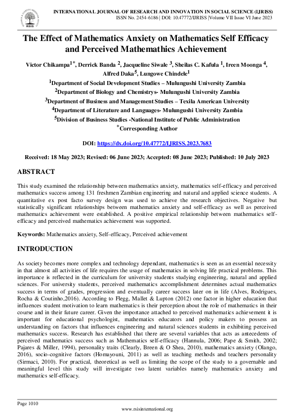 (PDF) The Effect of Mathematics Anxiety on Mathematics Self Efficacy ...