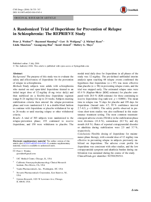 (PDF) A Randomized Trial of Iloperidone for Prevention of Relapse in ...
