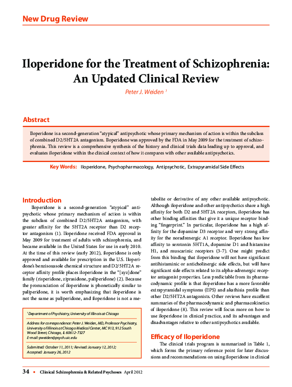 (PDF) Iloperidone for the Treatment of Schizophrenia: An Updated ...