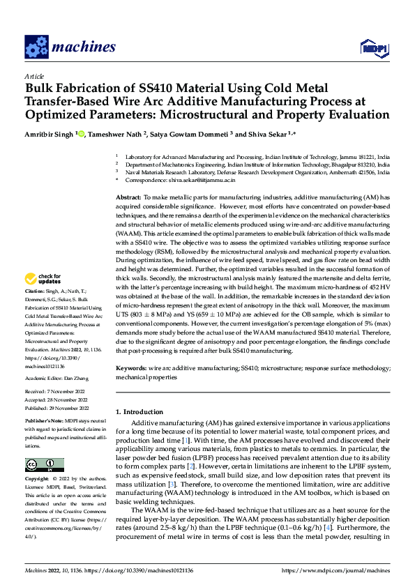 (PDF) Bulk Fabrication of SS410 Material Using Cold Metal Transfer-Based Wire Arc Additive ...